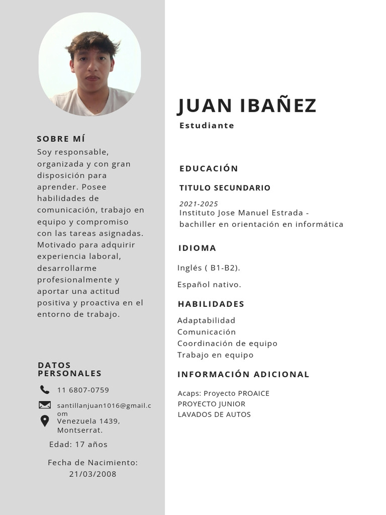 A4 Cv Con Foto Trabajo Formal Joven Blanco | PDF