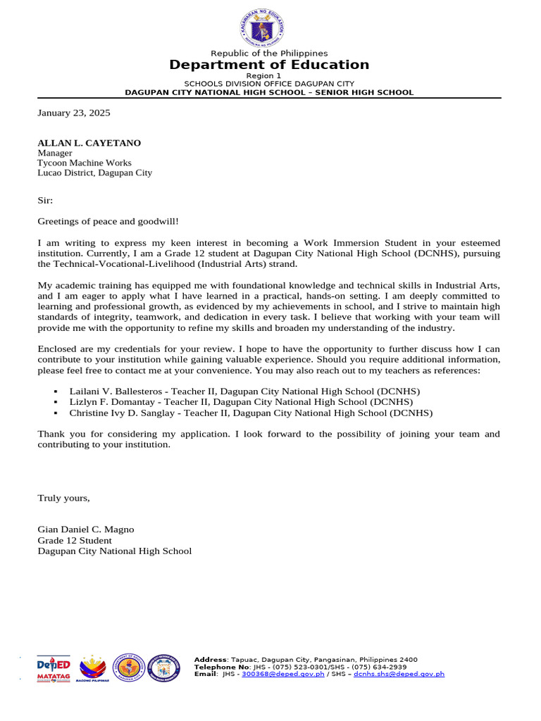 Work Immersion Application Letter | PDF