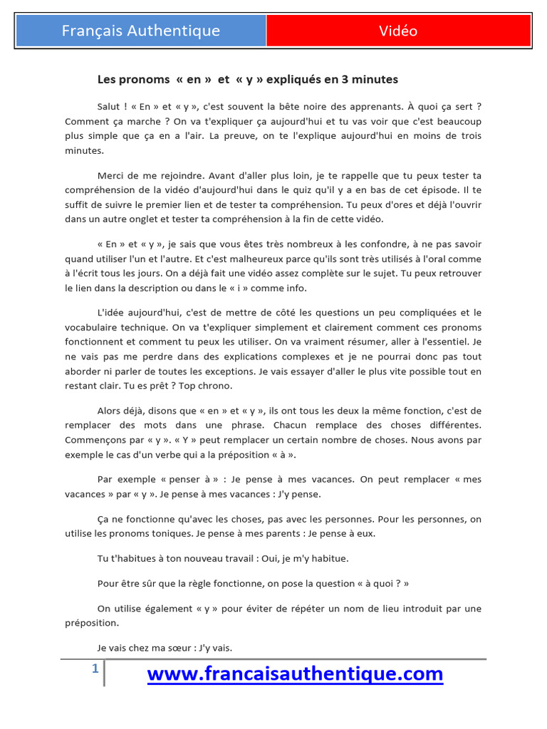 Utilisation des pronoms « en » et « y » | PDF | Pronom | Syntaxe