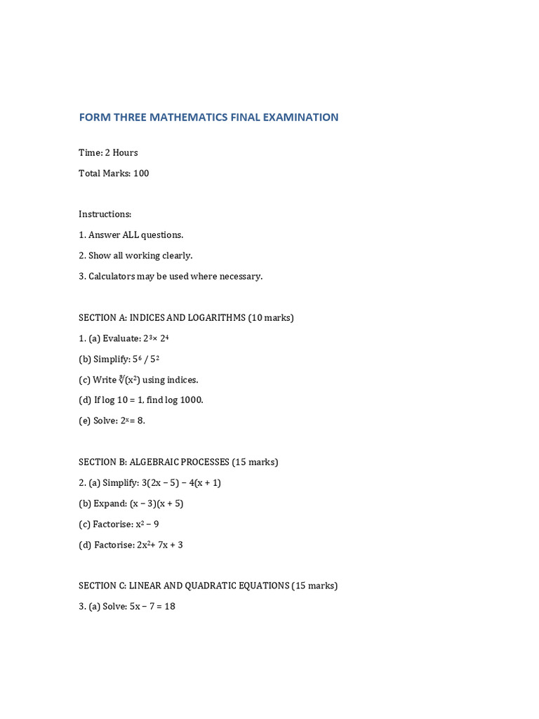 Form Three Mathematics Exam Guide | PDF