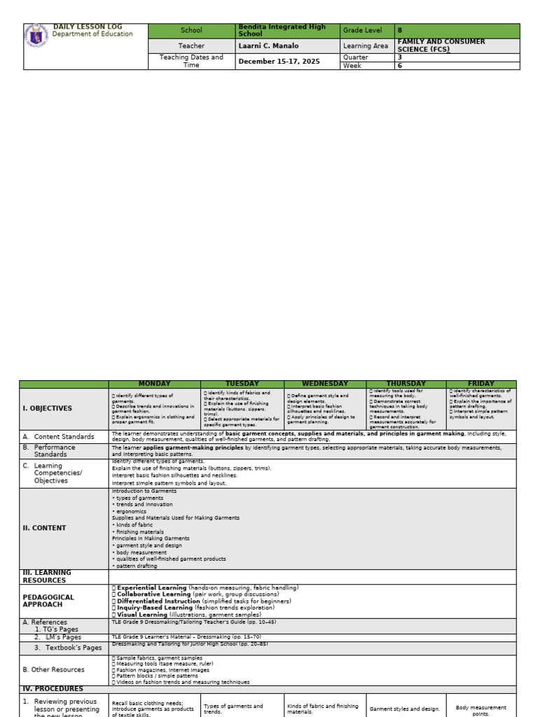 Dec.15-17, WEEK 6 LESSON PLAN QUARTER 3 GRADE 8 | PDF | Clothing | Textiles