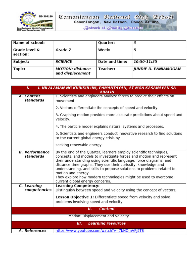 Grade 7 Science: Motion Concepts | PDF | Learning | Teachers