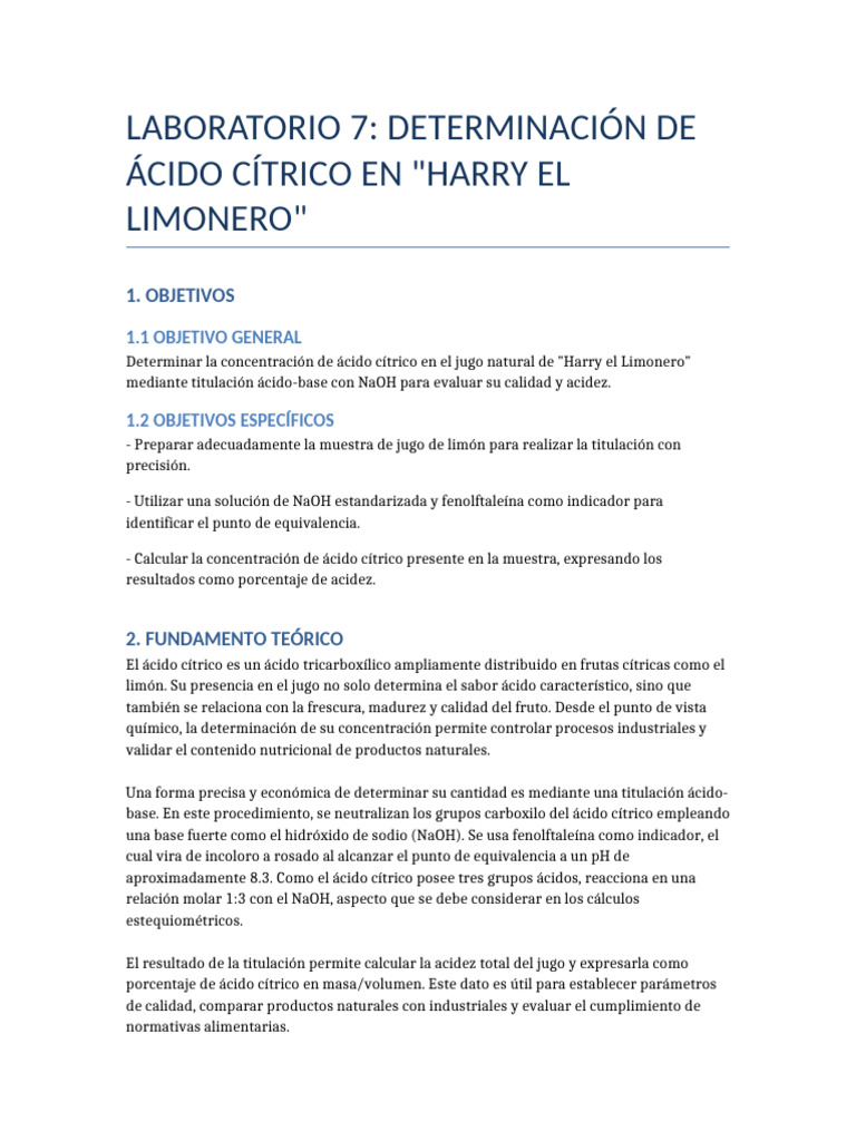 Determinación de ácido cítrico en limón | PDF | Valoración | Química