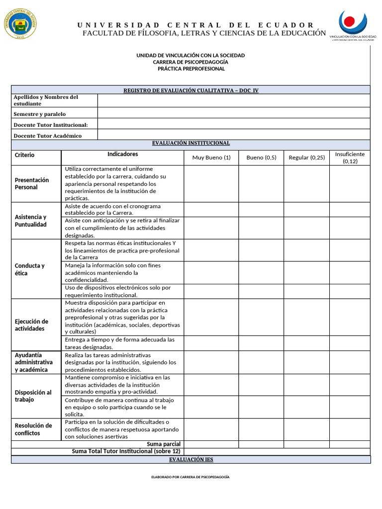 Vf-Val_asam-Psicopedagogía_registo de Evaluación Práctica 25-26 | PDF | Institución