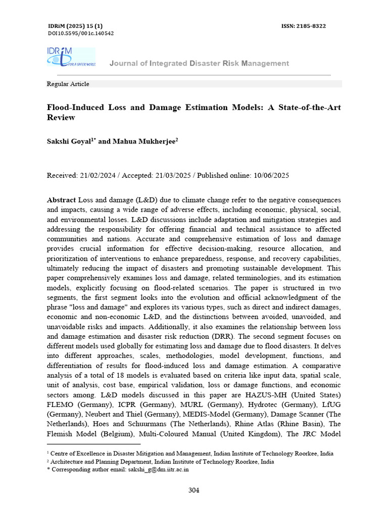 Flood Induced Loss and Damage Estimation Models A State of The Art ...