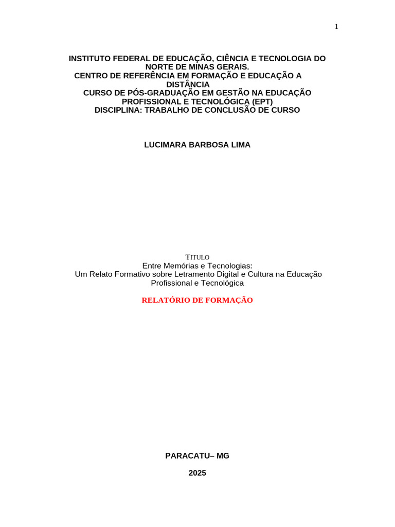 TCC Pos Liane Memorial Instituto Federal de Educação | PDF | Educação à ...