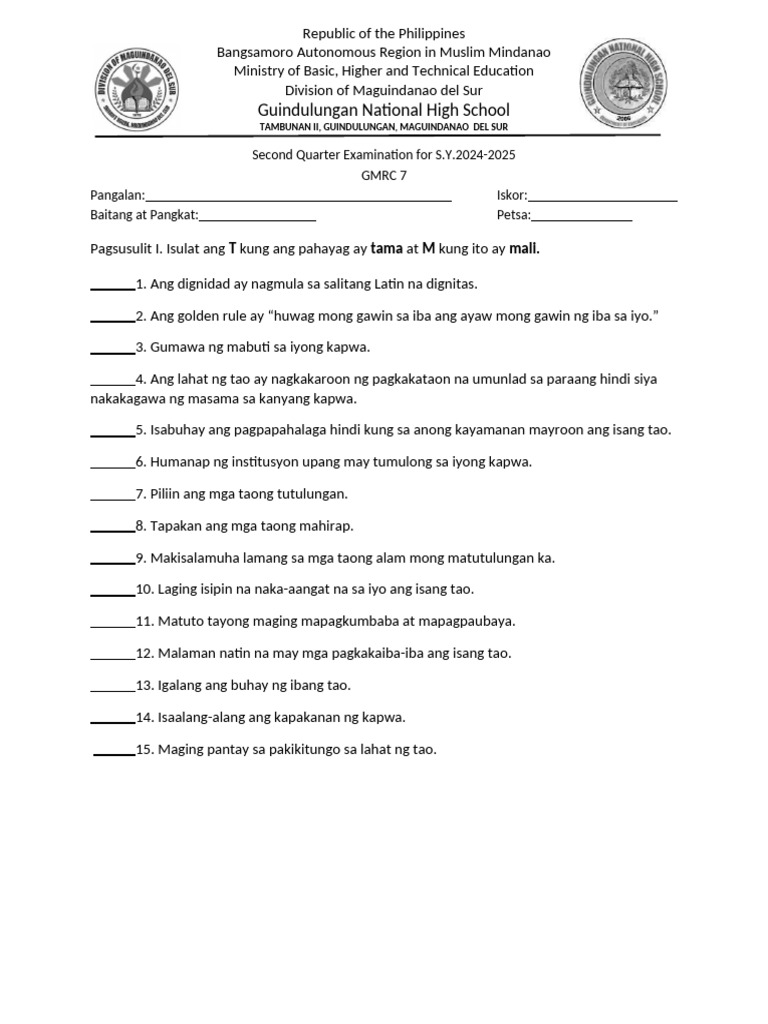 GMRC - Second Quarter Examination 2024 | PDF