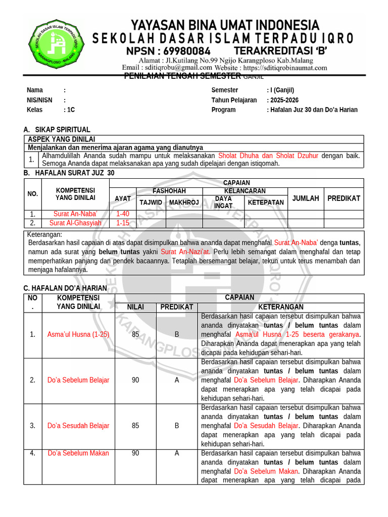 Contoh Rapot Kelas Bawah Tahfidz | PDF
