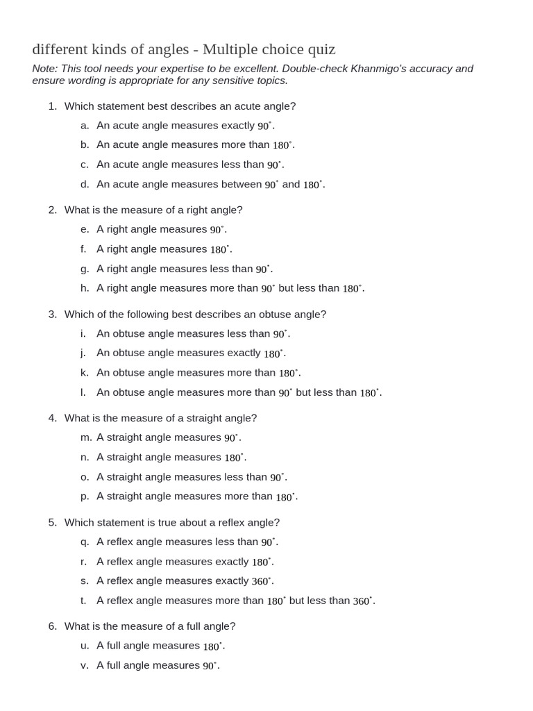 Different Kinds of Angles - Multiple Choice Quiz | PDF | Angle ...