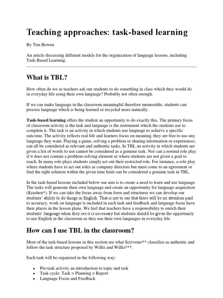 Teaching Approaches: Task-Based Learning: What Is TBL? | PDF | Learning ...
