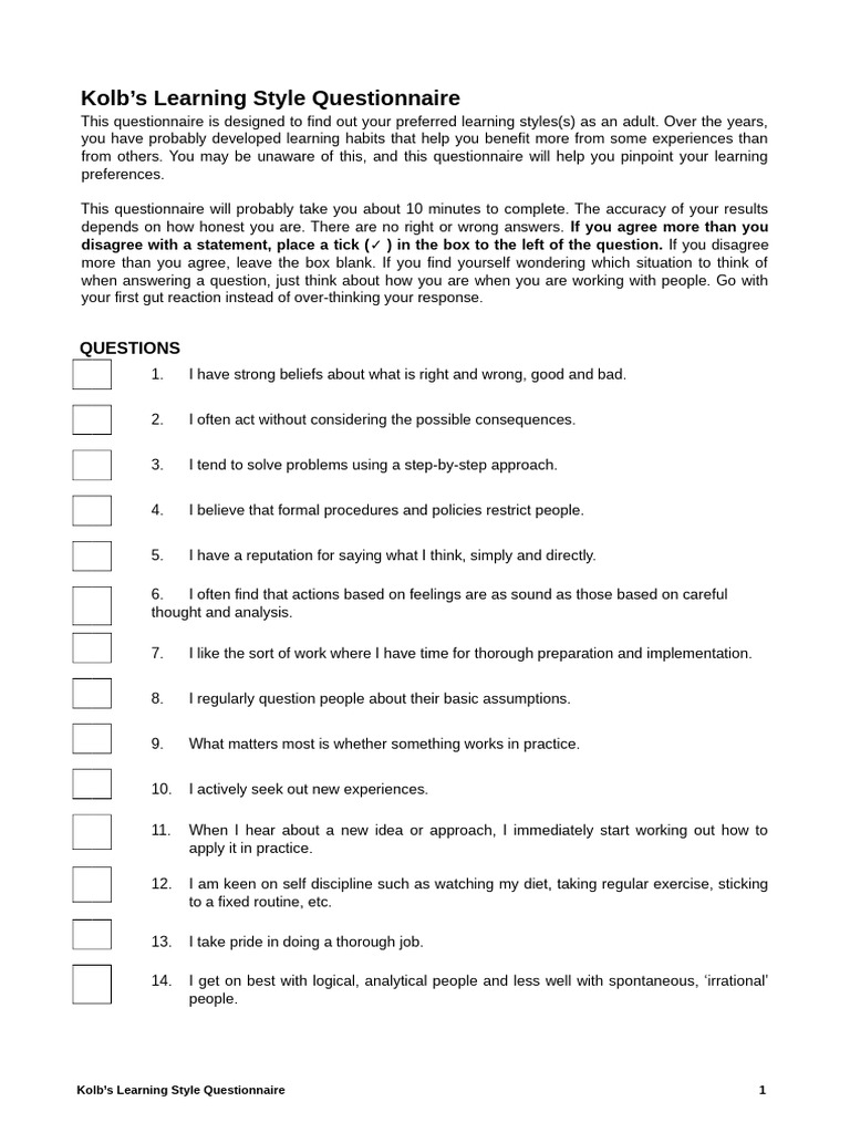 Kolbs Questionnaire | PDF | Learning Styles | Behavioural Sciences