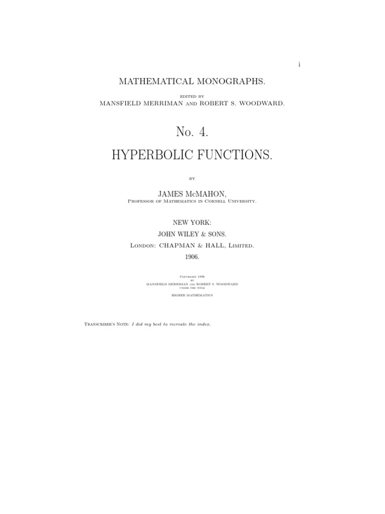 Hyperbolic Functions by James McMahon | PDF | Trigonometric Functions | Sine