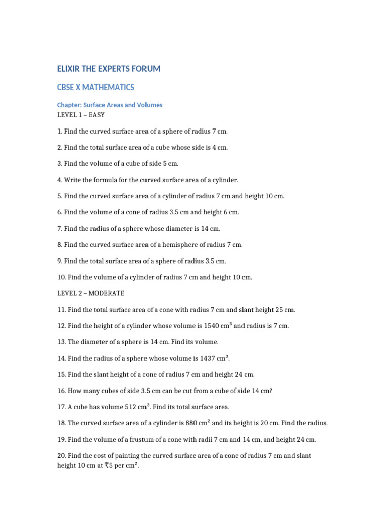 Surface Areas and Volumes Level 1 To 3 | PDF | Sphere | Area