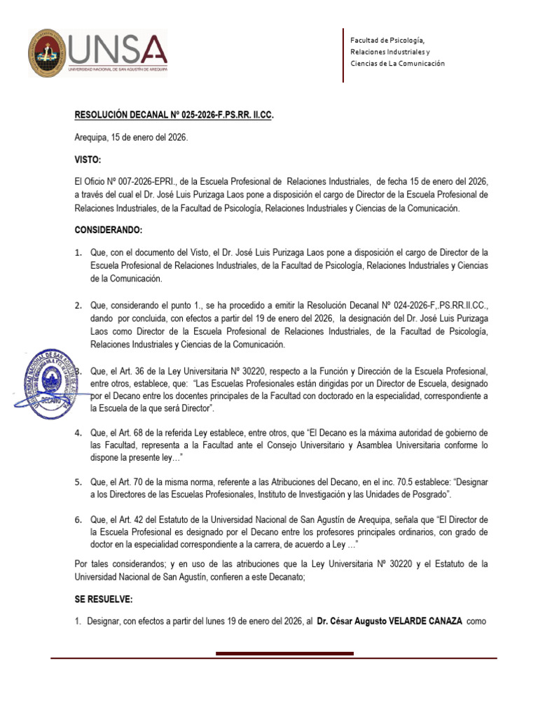 Resolucion Decanal Nº 025-2026-f.ps.Rr.ii.Cc. (Dr.césar Velarde ...
