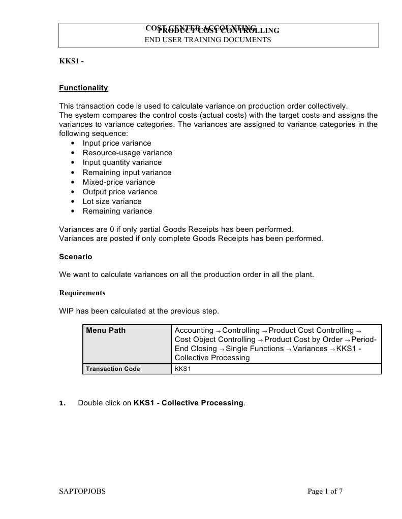 SAP KKS1 Tutorial: Variance Calculation Production Order - Collective ...