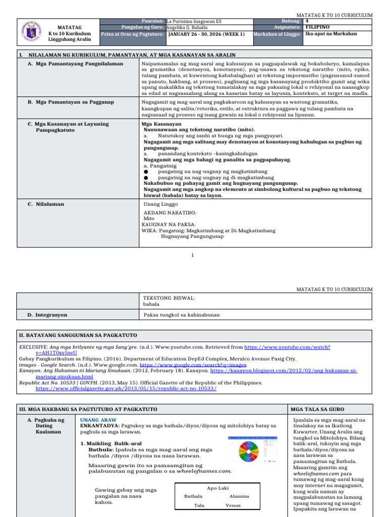 DTC - DLL Matatag - Filipino 4 q4 w1 | PDF