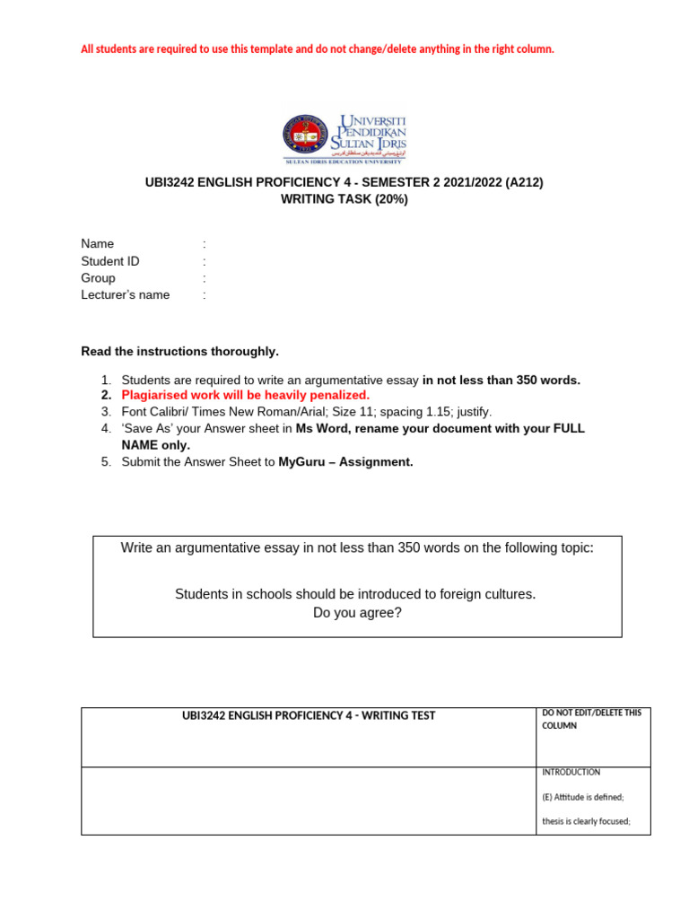 A212 Y Writing Test Template | PDF | Essays | Human Communication