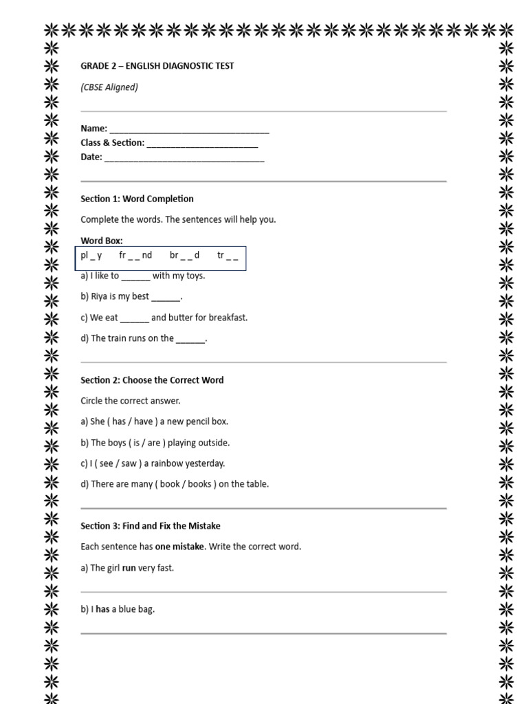 Grade 2 - English Diagnostic Test | PDF