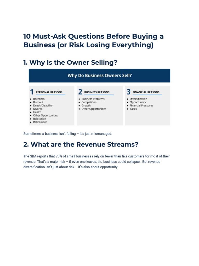 10 Must-Ask Questions Before Buying a Business | PDF | Mergers And ...