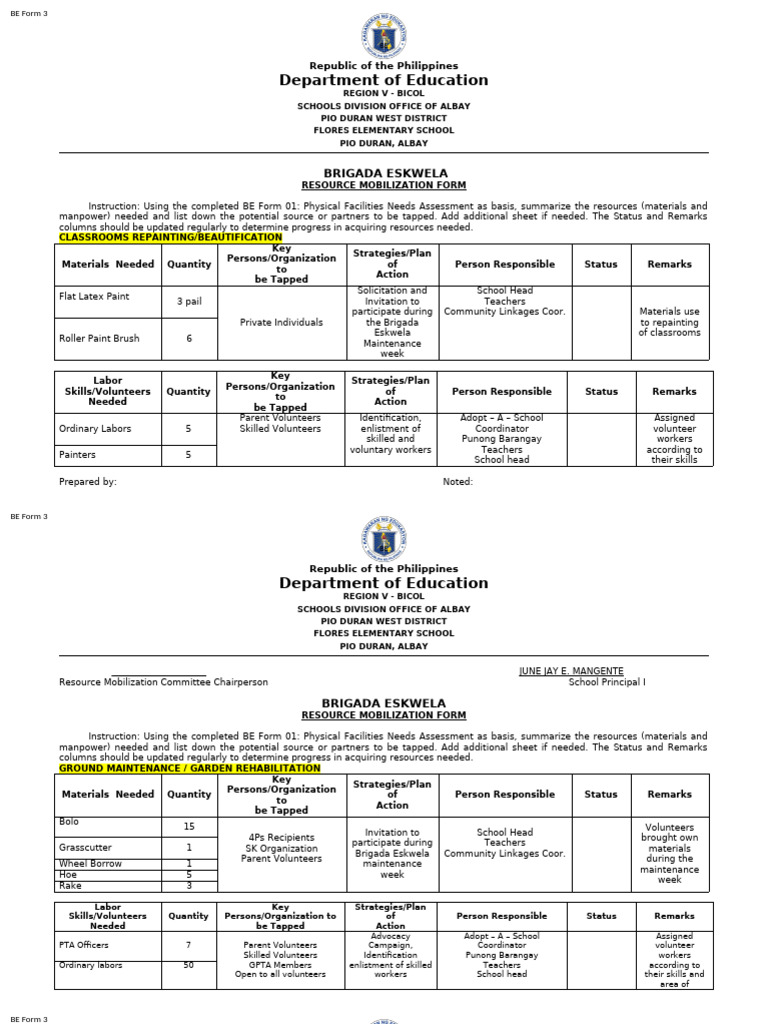 Be Form 3 Resource Mobilization Form | PDF