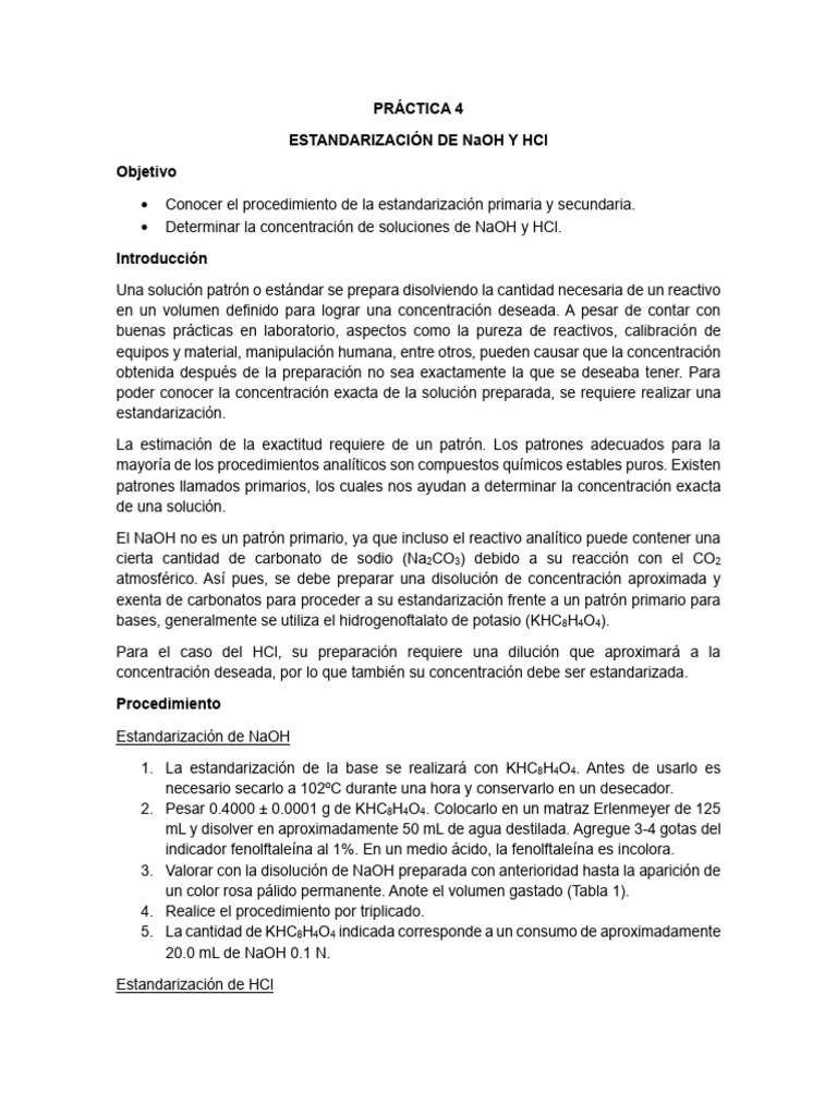 PRÁCTICA 4. Estandarización NaOH y HCL | PDF | Hidróxido de sodio ...