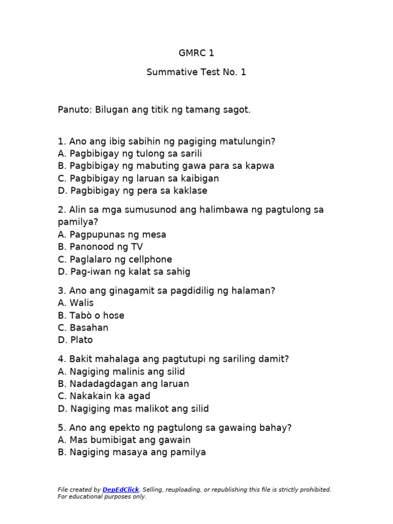 GMRC 1 - Summative - Test - Q2 - W1-W2 | PDF