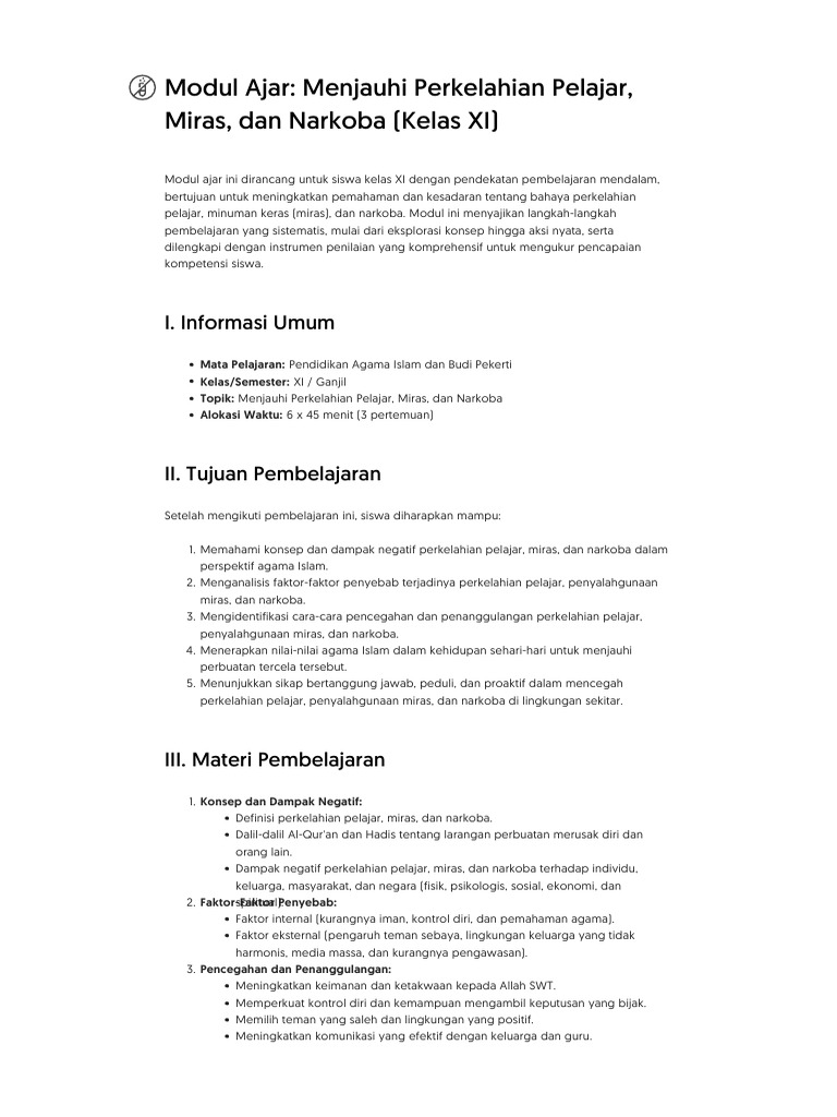 Modul Ajar - Menjauhi Perkelahian Pelajar, Miras, Dan Narkoba (Kelas XI ...