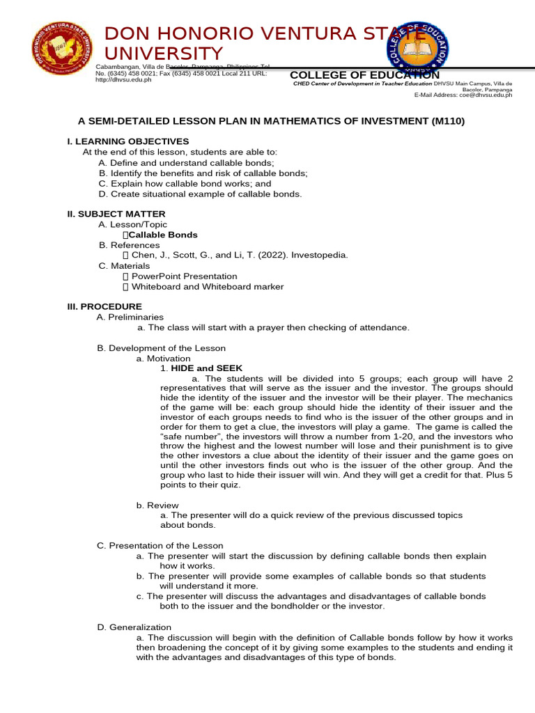 Mathematics of Investment Semi Detailed Lesson Plan | PDF | Bonds ...