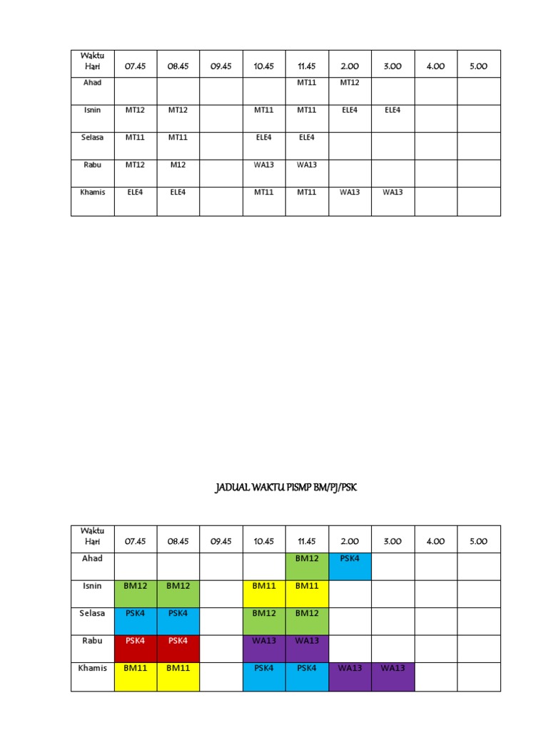Jadual Waktu Pismp BM/PJ/PSK | PDF | Cooking, Food & Wine