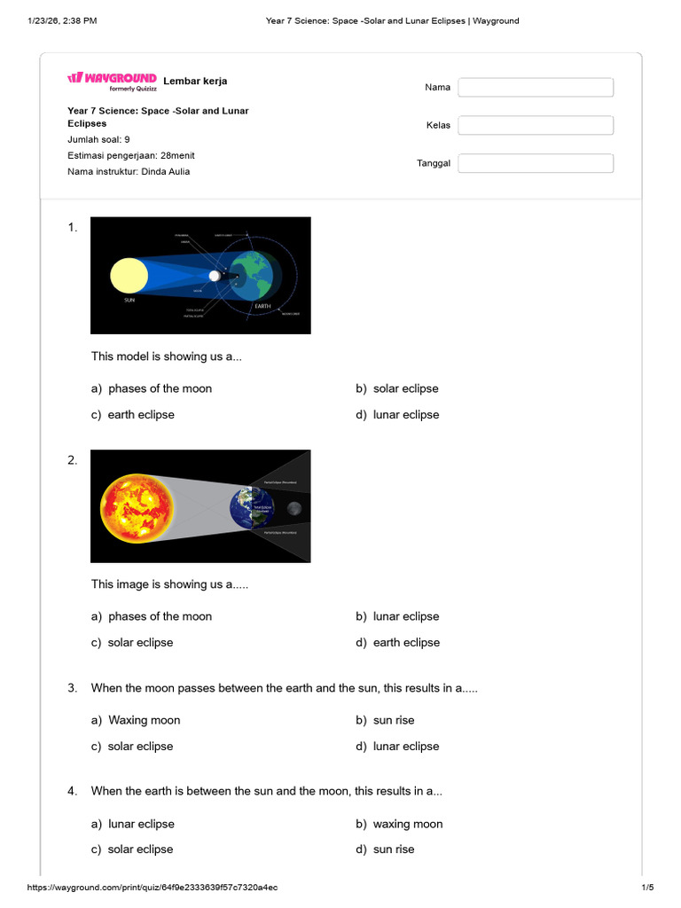 Year 7 Science - Space - Solar and Lunar Eclipses - Wayground | PDF ...