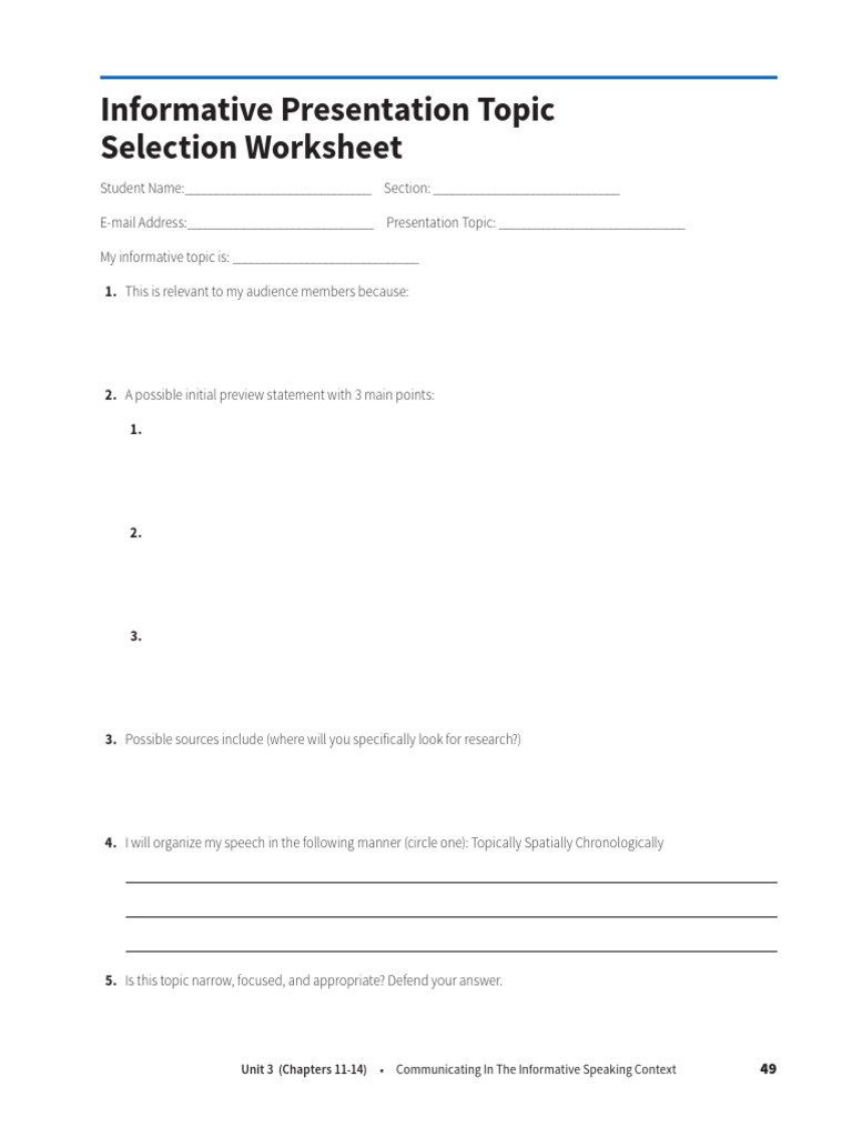 PG 49 - Informative Presentation Topic Selection Worksheet (Printable ...