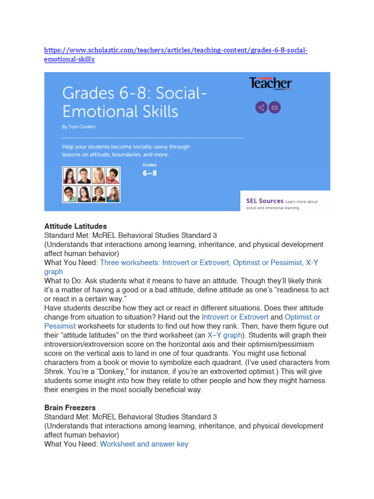 Scholastic Grade 6-8 Social Emotional Lessons | PDF | Extraversion And ...