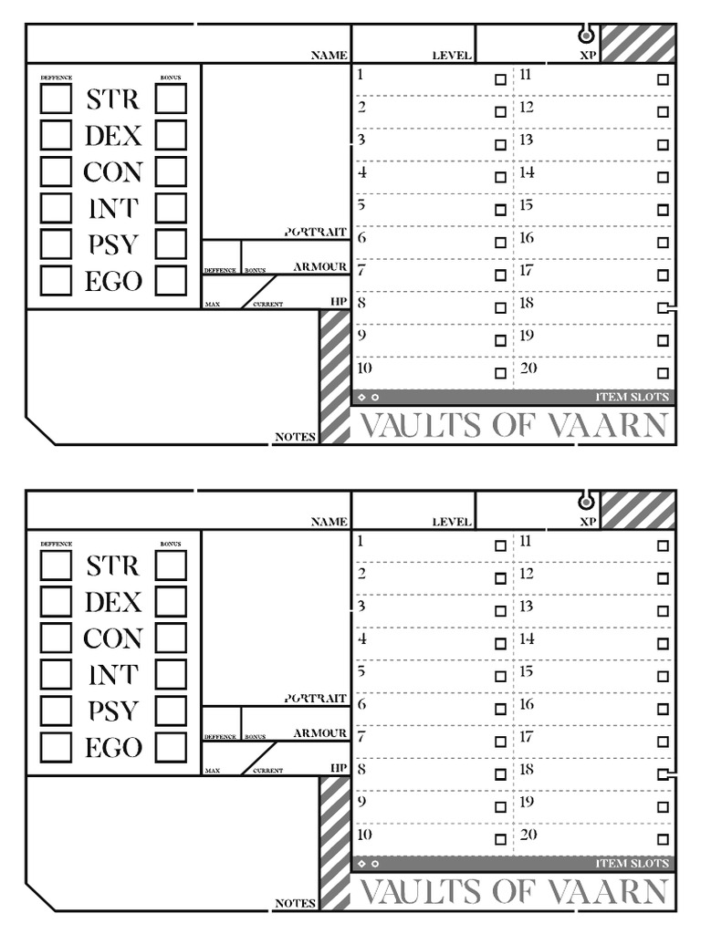 VAULTS of VAARN Character Sheet V2 - Grayscale - A4 | PDF