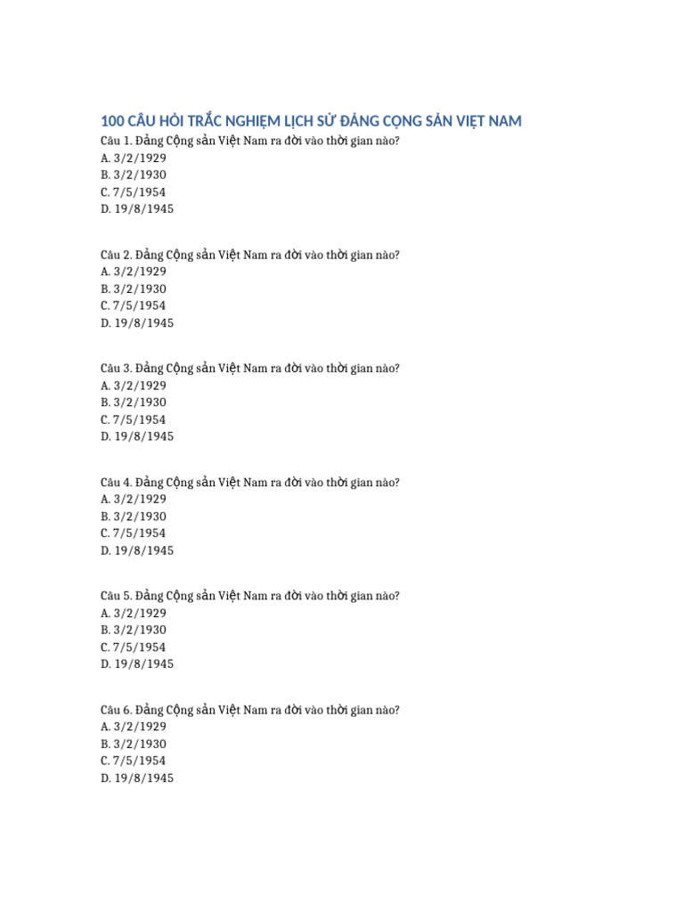 100_cau_trac_nghiem_Lich_su_Dang | PDF