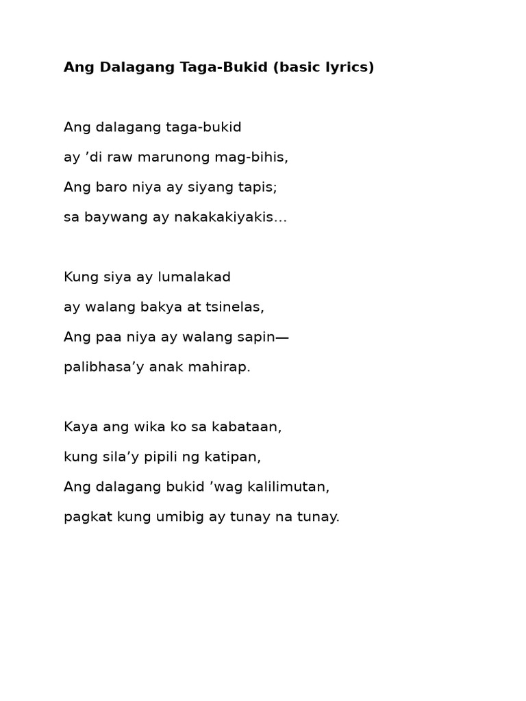Ang Dalagang Tagabukid Lyrics | PDF