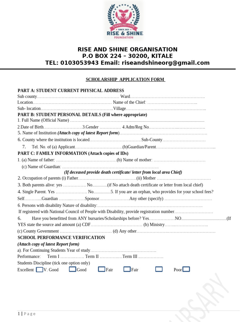 Rise and Shine Scholarship Form | PDF