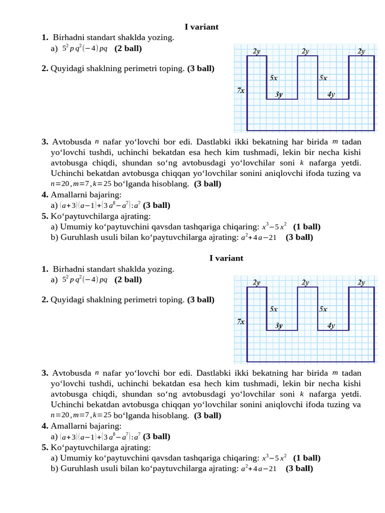 7 Sinf Matem BSB2 Var 1 | PDF