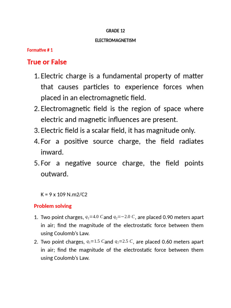 GRADE 12 FormativeSummative | PDF | Electric Field | Electric Charge