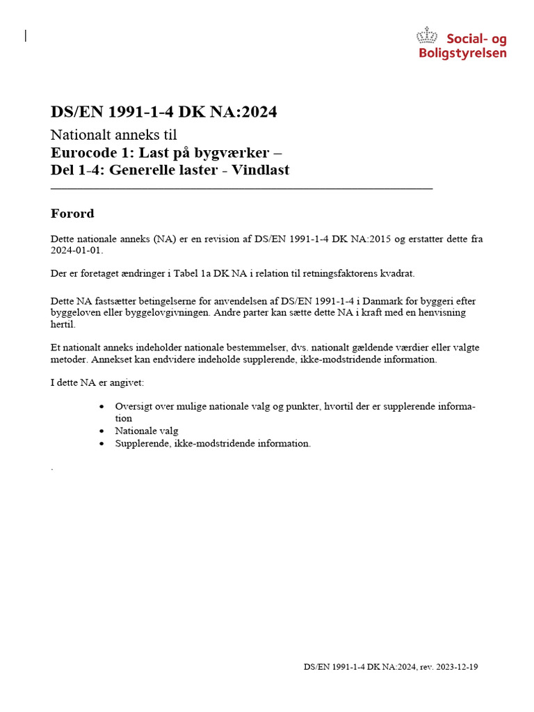 DS - EN 1991-1-4 DK NA - 2024 - Del 1-4 - Generelle Laster - Vindlast | PDF