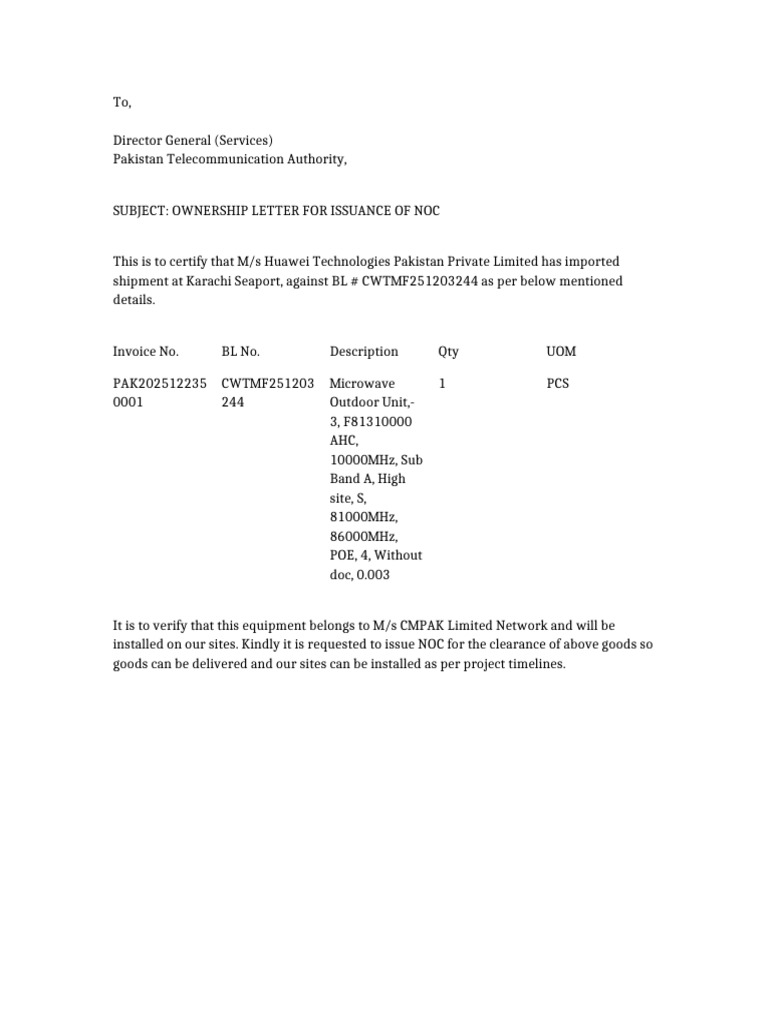 Ownership Letter For Issuance of NOC | PDF