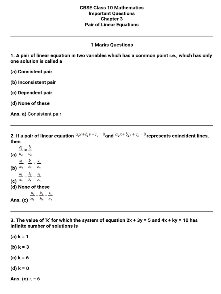 Pair of Linear Equation in Two Variables Extra Questions | PDF ...