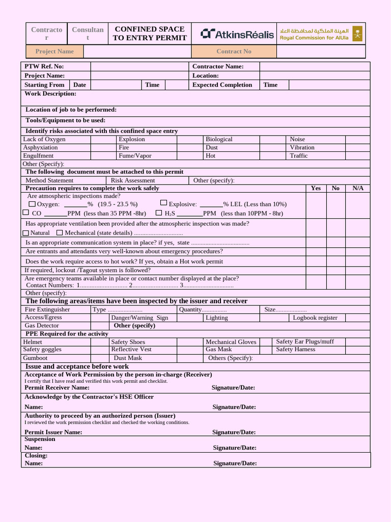 5-Confined Space Entry Permit Form | PDF | Safety | Occupational Safety ...