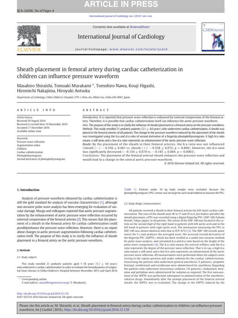 Sheath Placement in Femoral Artery During Cardiac Catheterization in ...