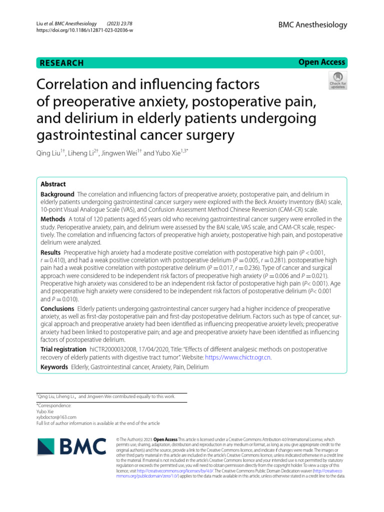Correlation and Influencing | PDF | Pain | Perioperative