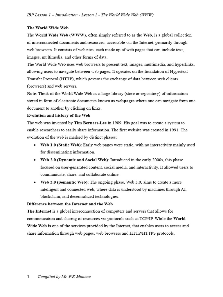 IBP Lesson 1 - Introduction - Lesson 2 - The World Wide Web (WWW) | PDF ...