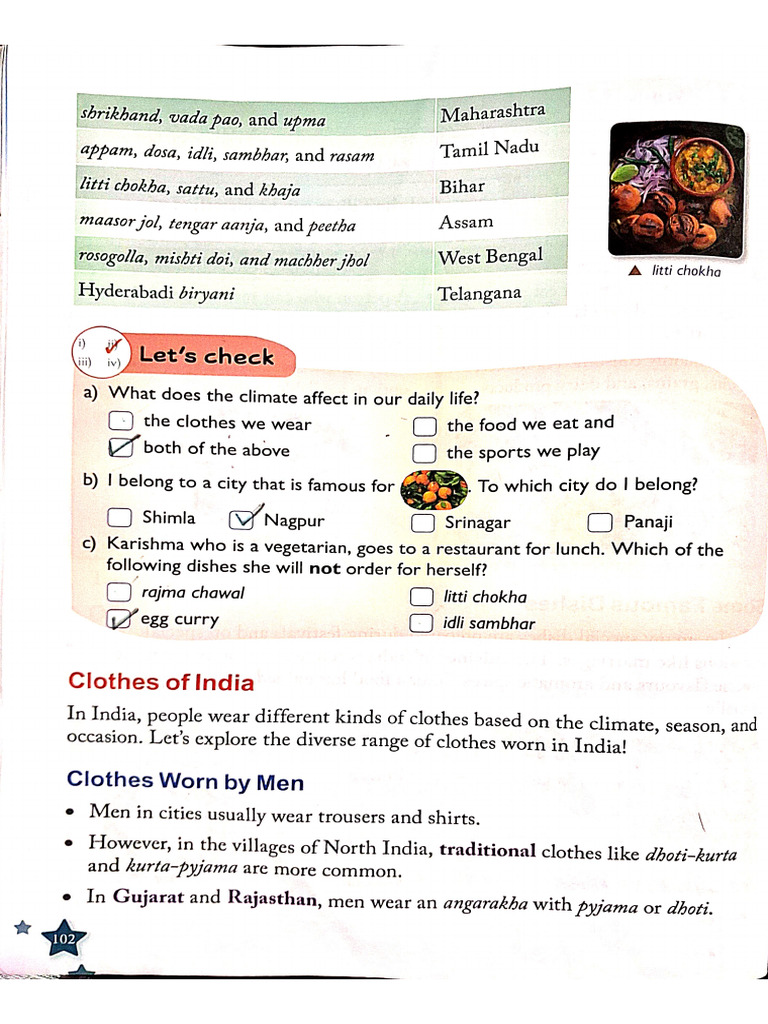 Grade3 - L12 - Food and Clothes of India - Book Back Exercises | PDF