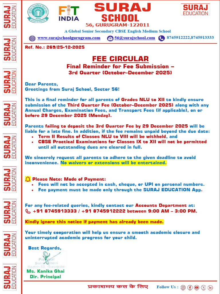 Final Reminder For Fee Submission - 3rd Quarter (Oct-Dec 2025) | PDF