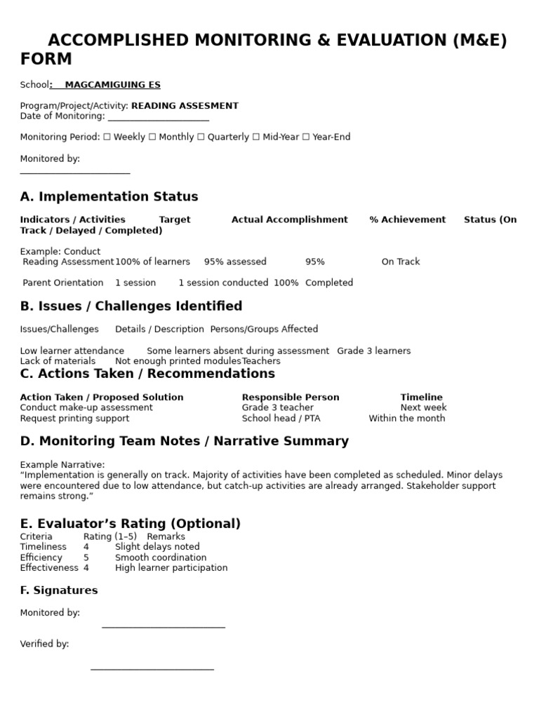 Accomplished Monitoring & Evaluation (M&e) Form | PDF