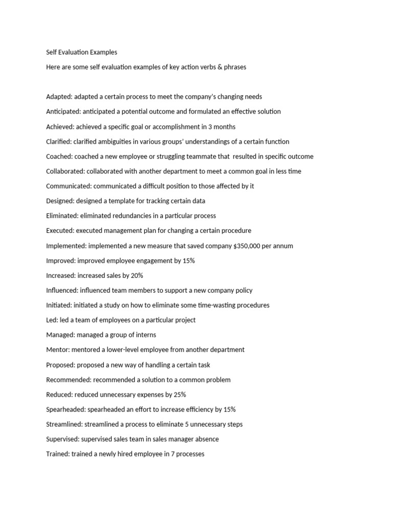Self Evaluation Examples | PDF | Safety | Goal