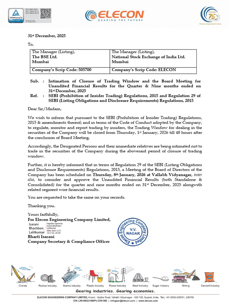 Company's Scrip Code: 505700 Company's Scrip Code: ELECON: Inter Alia | PDF